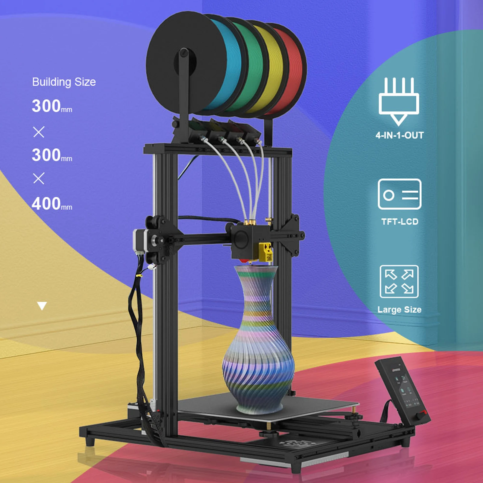 High Precision Large 3D Printer Kit with 4 Extruders and Multi-Color Mixing